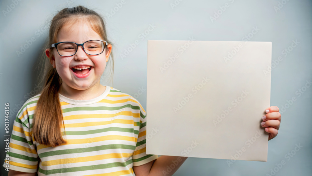 Pretty young woman with special needs on grey studio background with ...