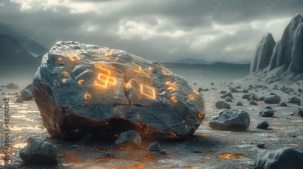 A meteorite with alien markings and strange glowing symbols, set ...