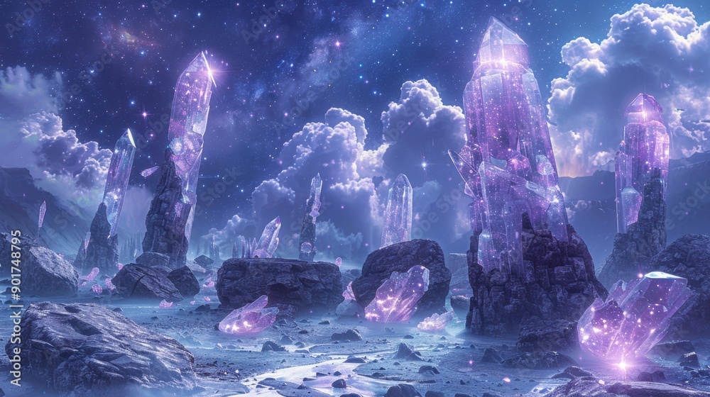 Mysterious floating crystals and ancient stone pillars set in a surreal alien landscape under a ...