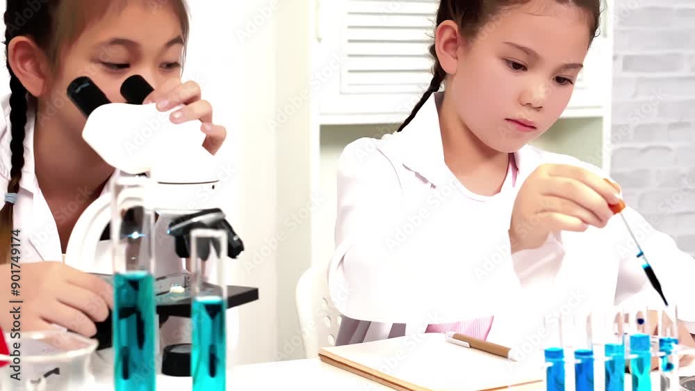 Two young girls doing science experiment, curiosity and engagement in ...