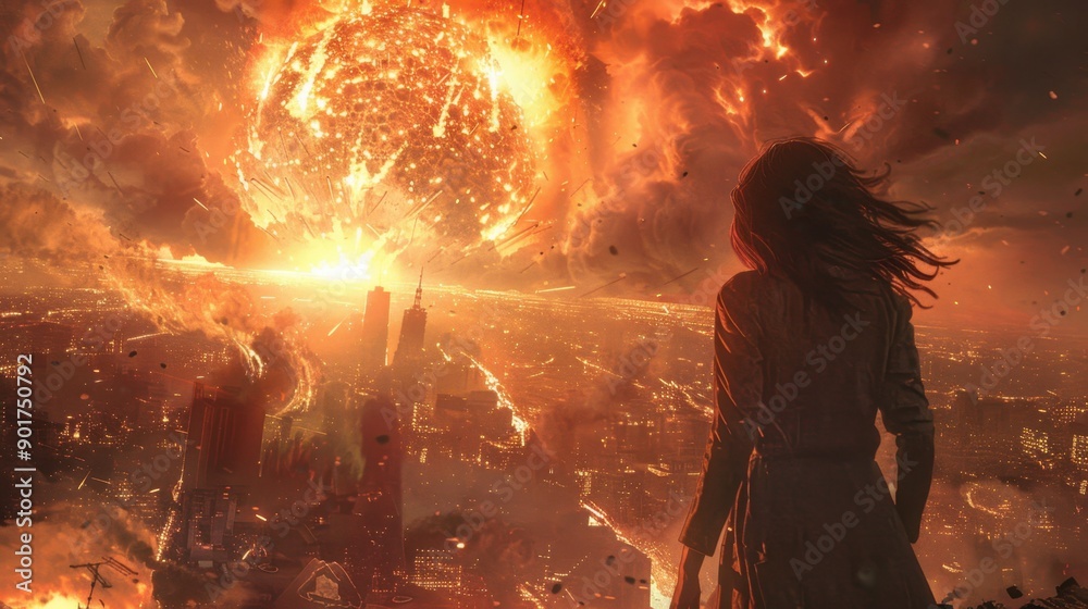 Illustration of a nuclear explosion in a city, with a young woman ...
