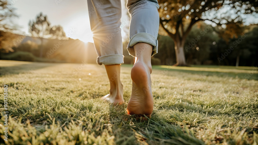 Bare feet walking on grass with a sunlit background. A serene moment ...