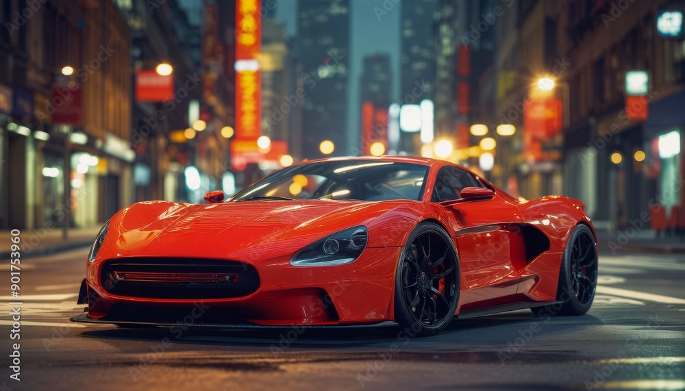 red sports car with aerodynamic design on right-hand side, city ...