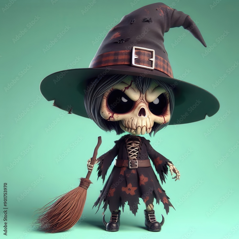 Cute Cartoon Witch Character with Skull Face, Broom, and Pointy Hat ...