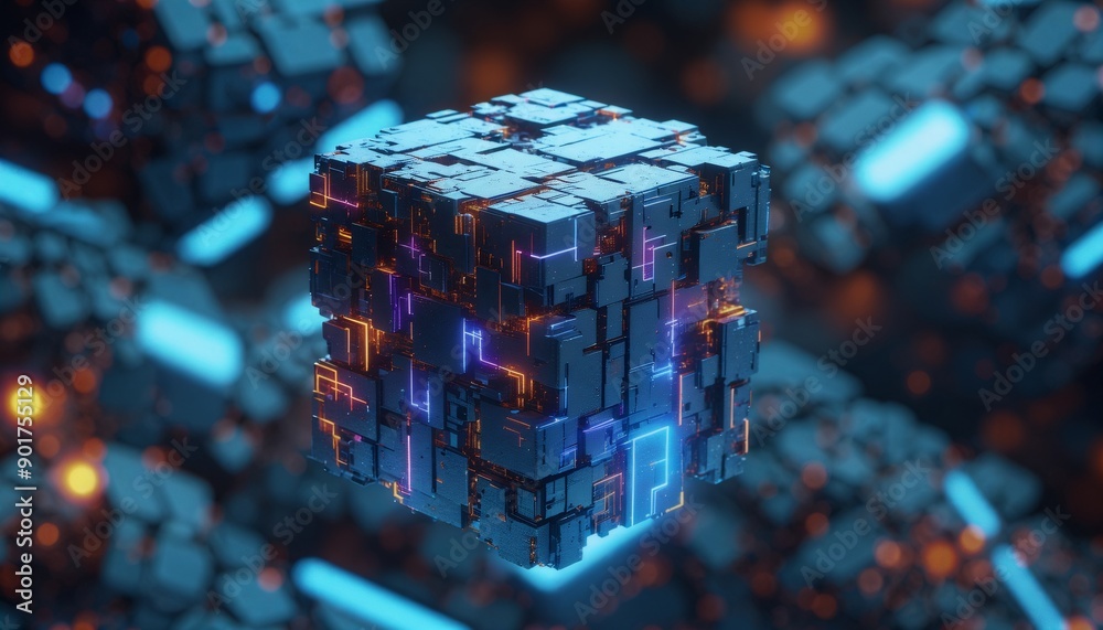 hyperrealistic tech logo cube, floating in a void of deep blue ...