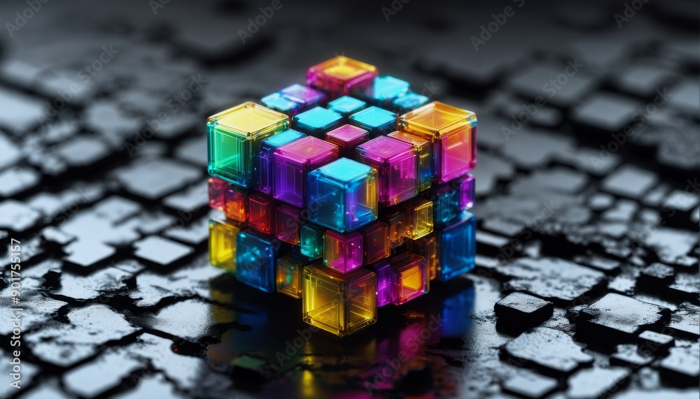 stunning tech logo cube, set against a stark black background, vibrant ...