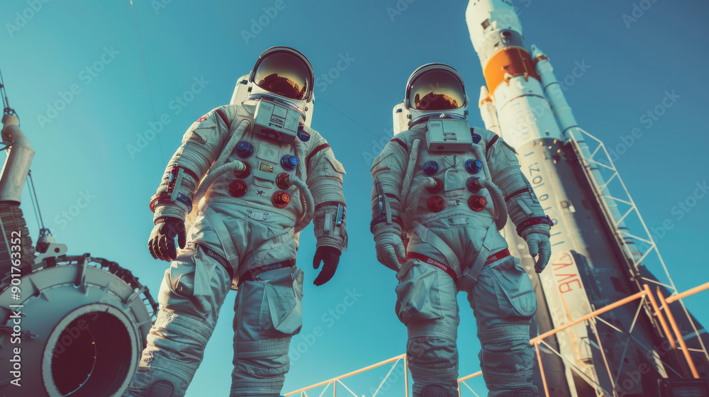 A photograph of astronauts standing proudly before rocket engines ...