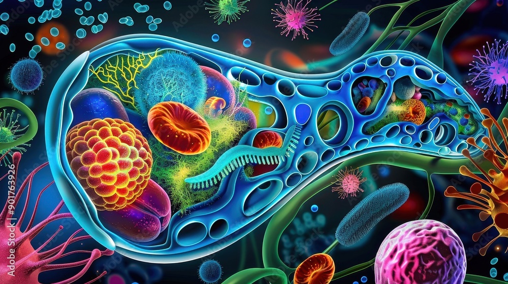 Colorful microscopic illustration of a single-cell organism displaying ...