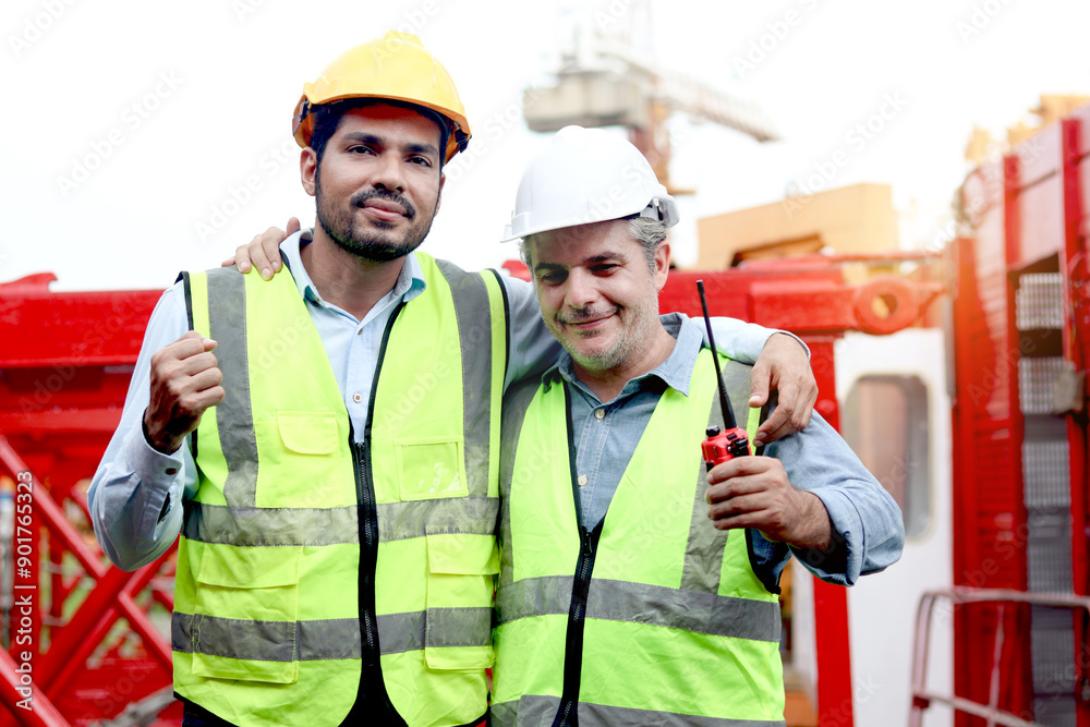 Happy harmony people at workplace, smiling senior elderly foreman and ...