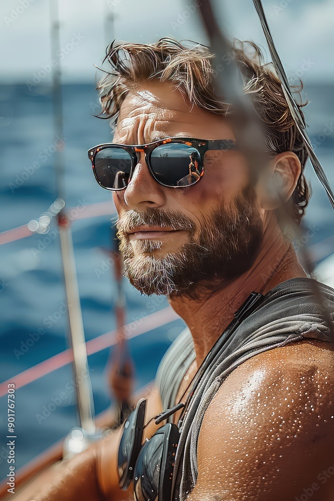 Bearded brutal handsome yacht owner in sunglasses on vessel deck ...