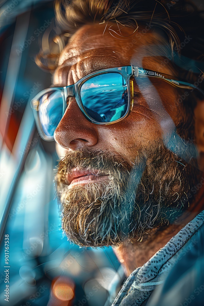 Bearded brutal handsome yacht owner in sunglasses on vessel deck ...