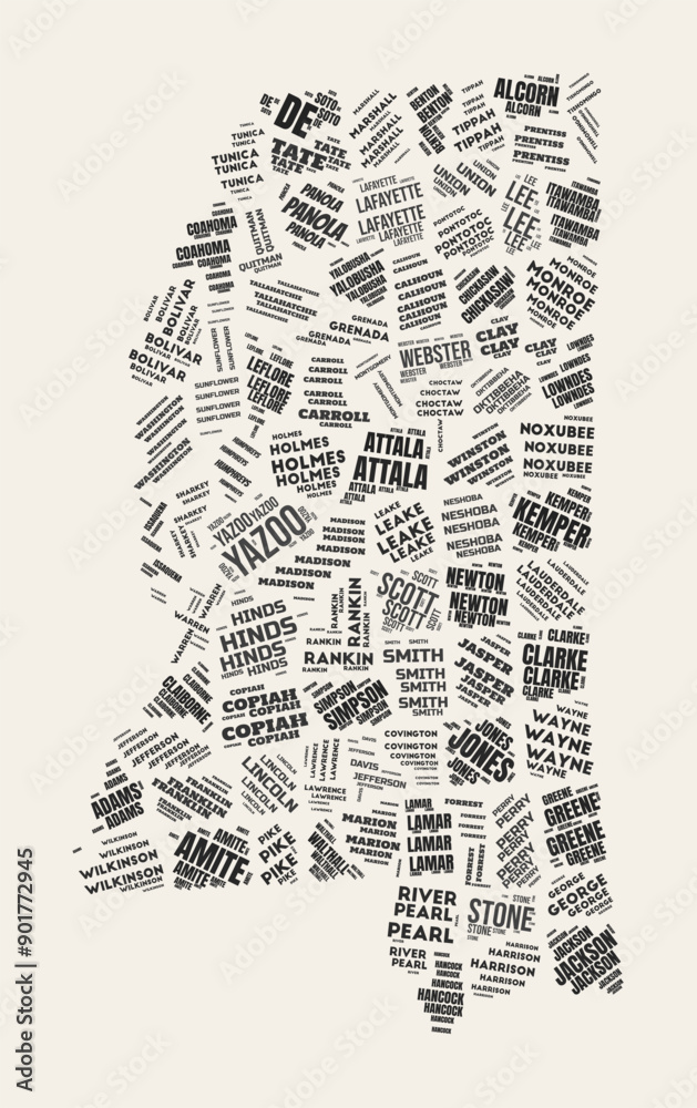 Mississippi Word Cloud. State with counties division. Mississippi ...