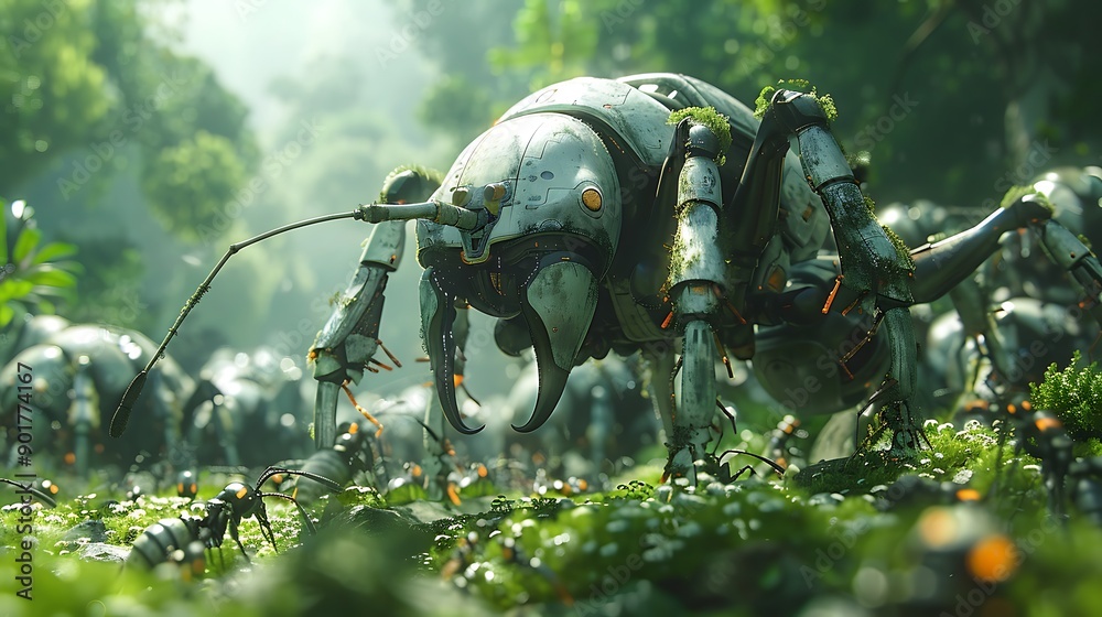 Futuristic ant queen overseeing the deployment of swarm robotics to ...