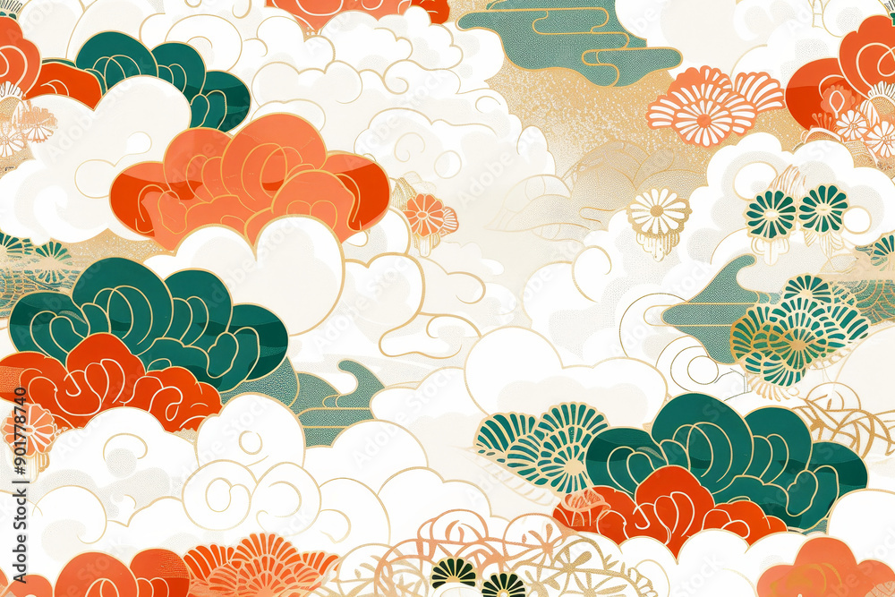 Traditional Japanese cloud pattern background with vibrant colors and ...