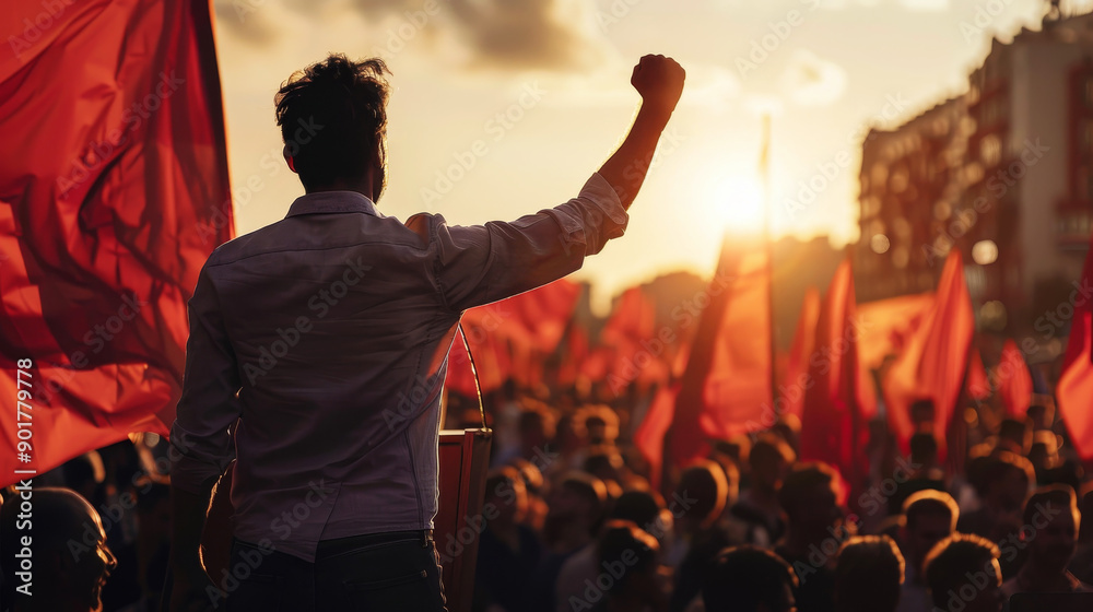 Inspirational political leader with fist up at sunset rally Stock Photo ...
