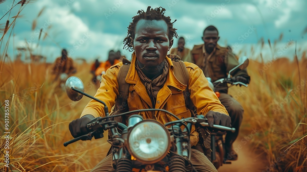 Group of African men on motorcycles traveling through the savannas of ...
