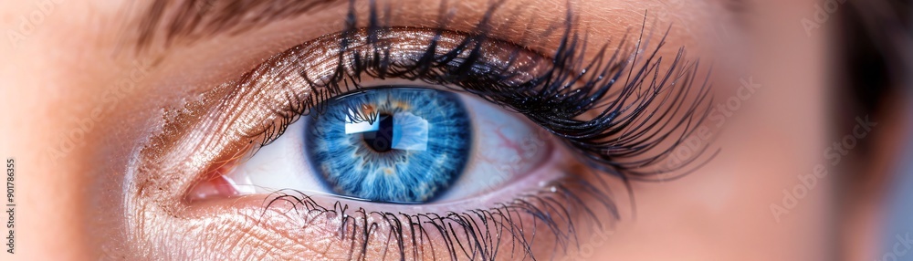 Detailed shot of a blue eye enhanced by thick voluminous lashes looking ...