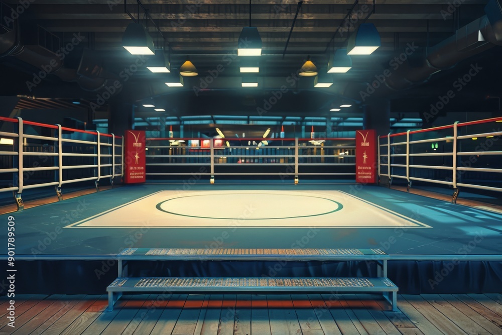 A pristine boxing ring awaits intense competition in a state-of-the-art ...