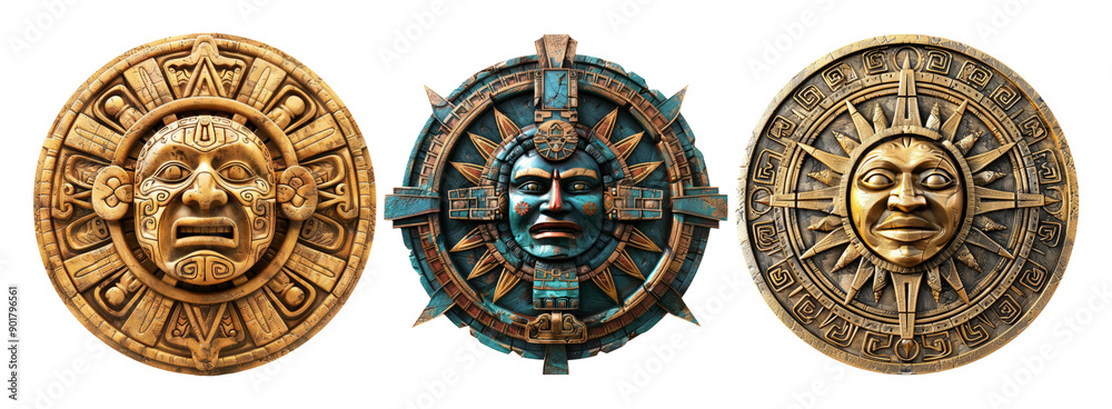 Ancient Aztec Mayan Sun Stone Medallions Tribal Artifacts Three Designs ...