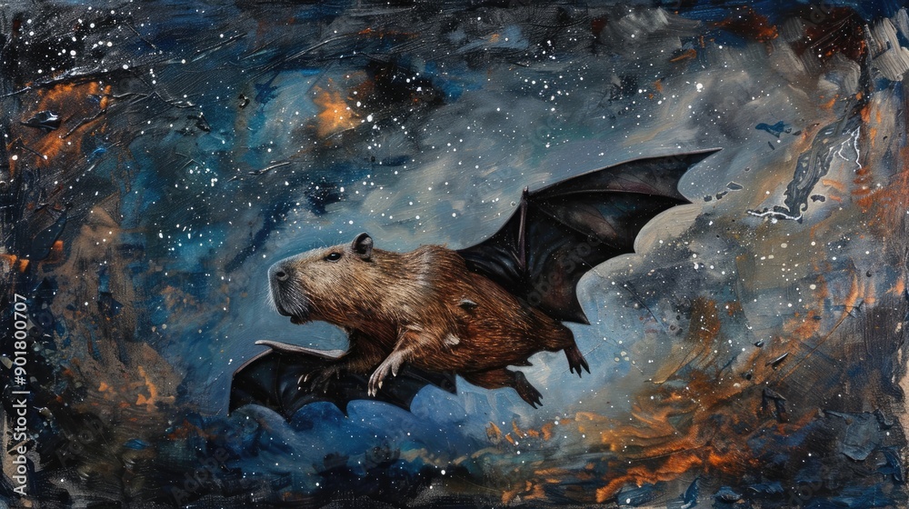 Oil painting of a capybara in a bat costume, flying across a starry ...
