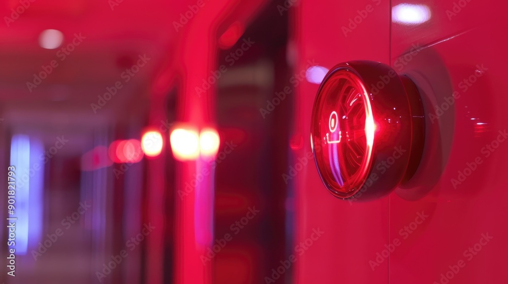 Red wall mounted fire alarm with illuminated indicator poised to warn ...