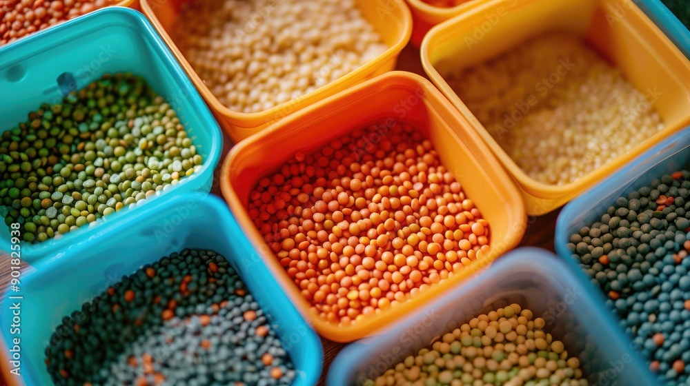 Top view of plastic toy containers filled with lentils for sensory ...