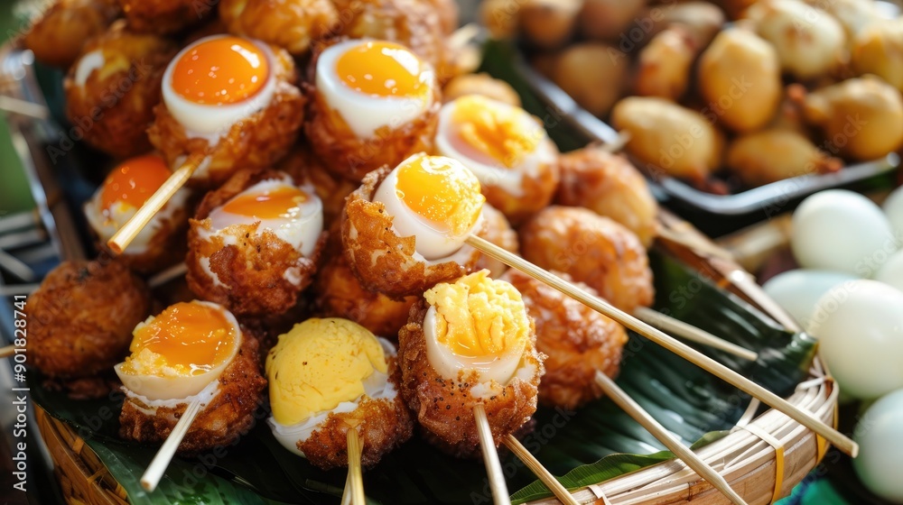 Freshly cooked Filipino street food called Kwek Kwek assorted fried ...