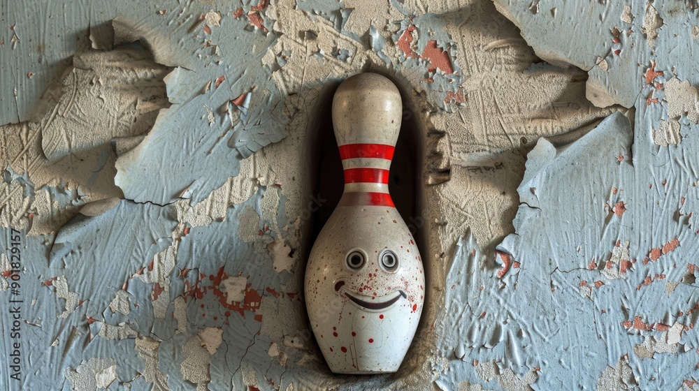 Plastered wall with realistic texture and hole featuring a bowling pin ...