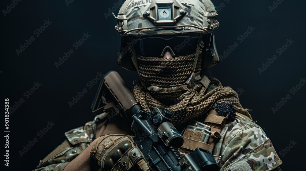 Special forces soldier in full uniform poses in studio background ...