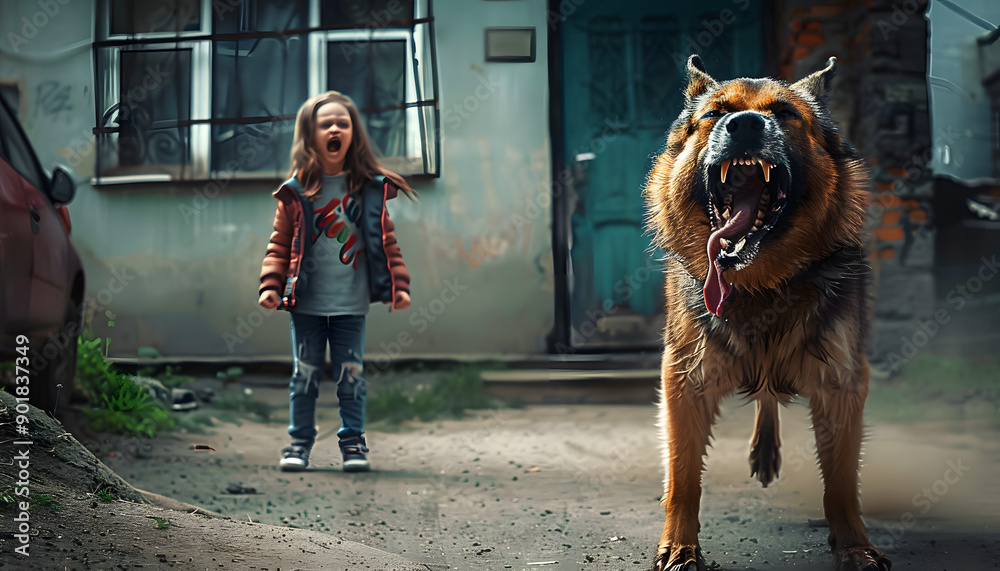 Big terrible stray dog barking and growls on screaming little girl ...