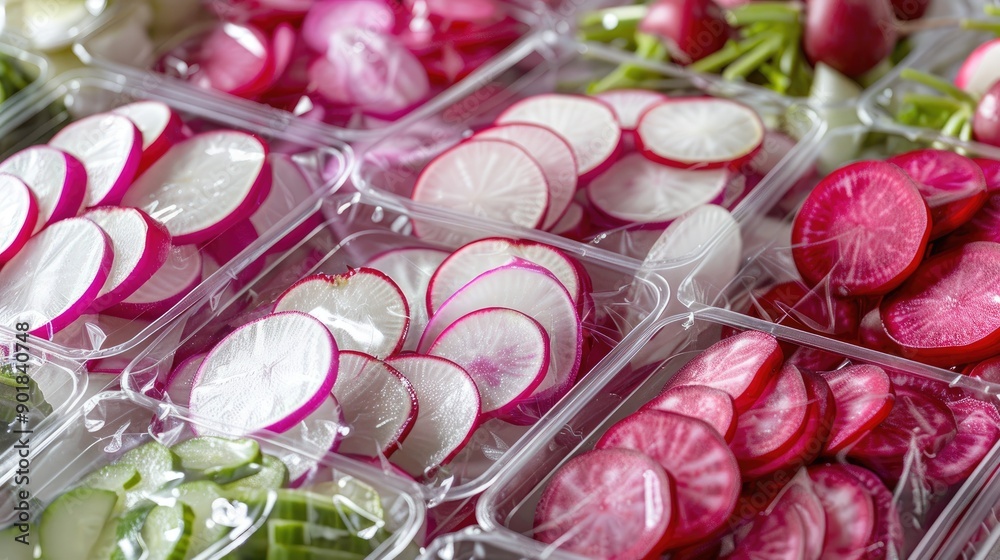 Various types and colors of sliced radishes in vacuum sealed packaging ...