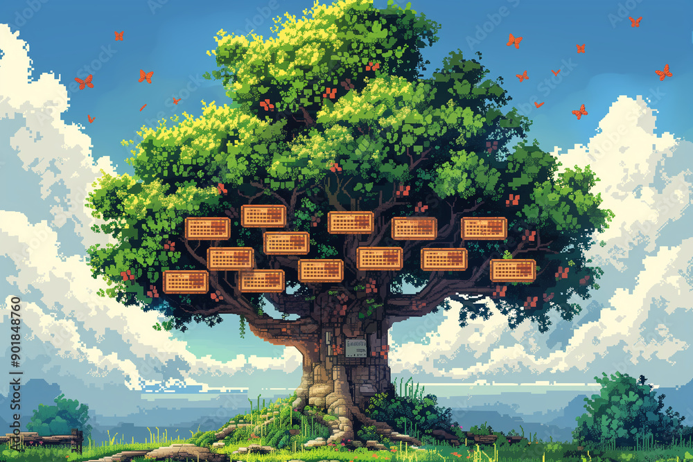 A pixel art family tree template with empty cells for user input, 8-bit ...