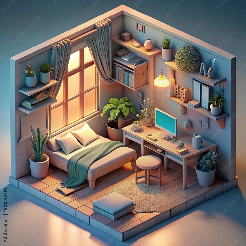 sometric render, messy nostalgic bedroom with a pc, windows, plants ...