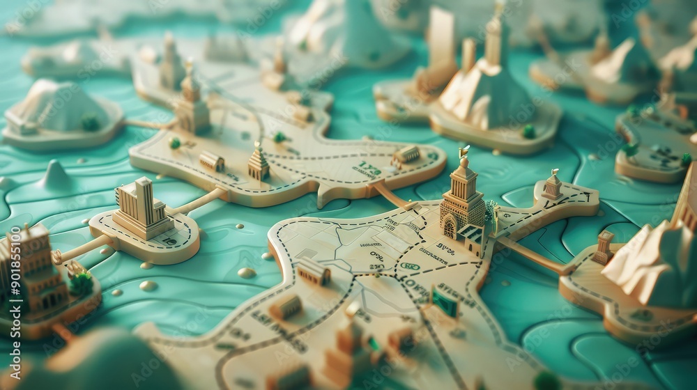 A 3D depiction of a treasure map with routes leading to various ...