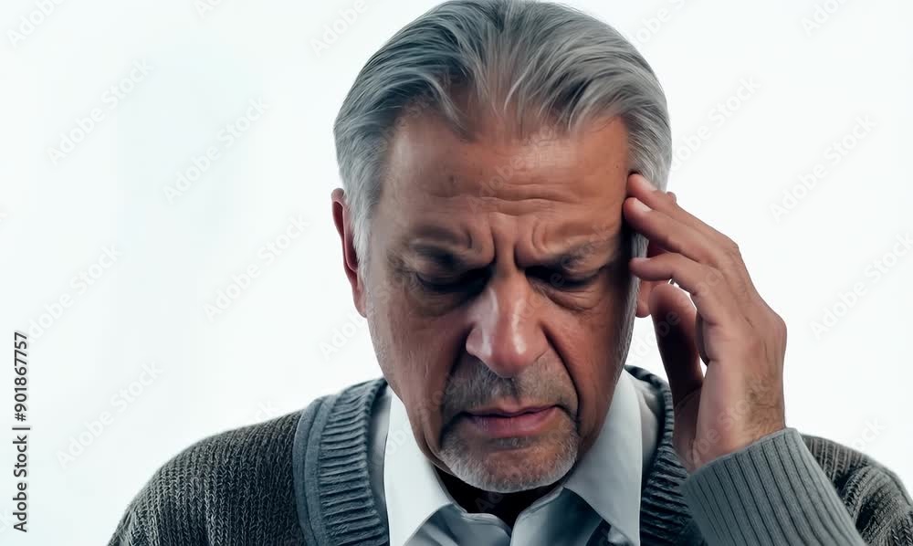 Medium shot portrait video of a man in his 60s with furrowed brows and ...