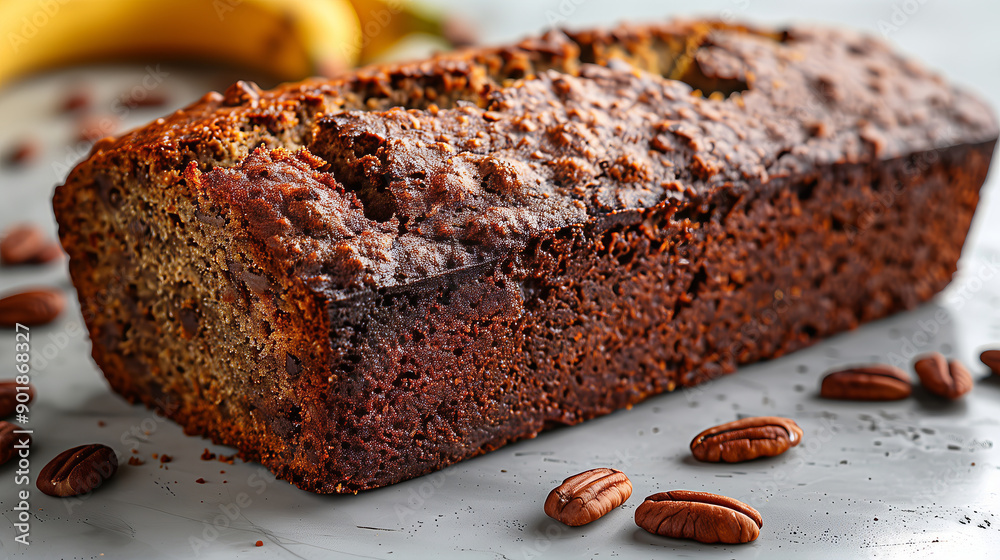 Loaf of banana bread baked with smashed banana and pecan nuts, is ...