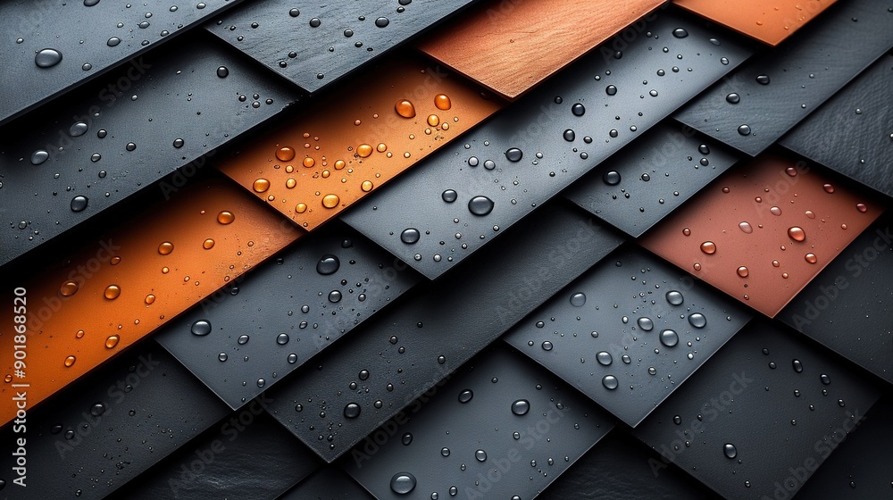 Water drops on orange and black background with squared and rectangular ...