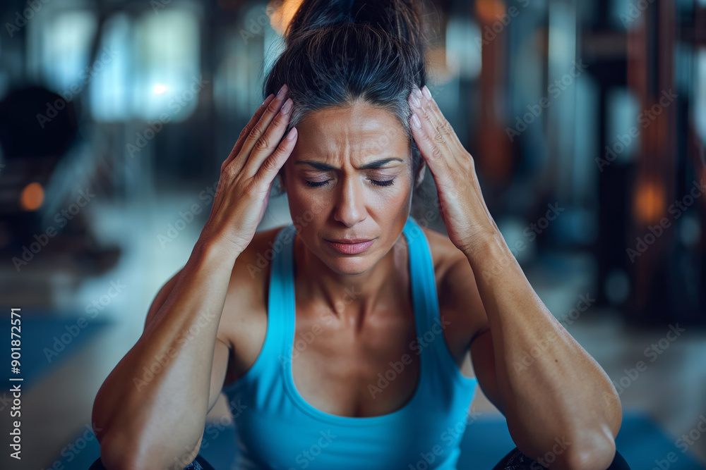 Stressed young woman in gym attire. Illustrates stress and physical ...