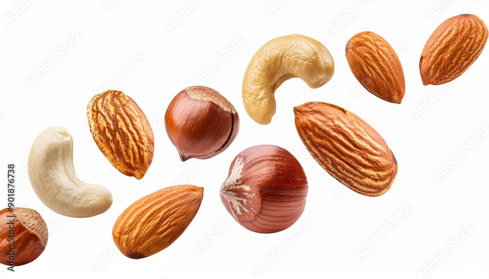Flying cashew, almond, hazelnut, pecan and brazil nuts falling isolated ...