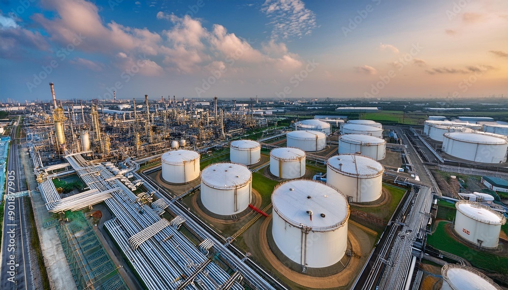 Top down flatlay view of pipelines storage tanks laid out throughout ...