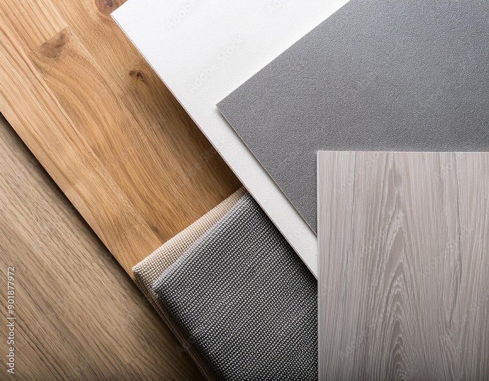 top view of interior finishing material combination containing wooden ...