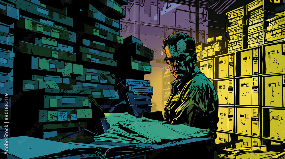 Archivist working in a dimly lit cyberpunk library, surrounded by ...