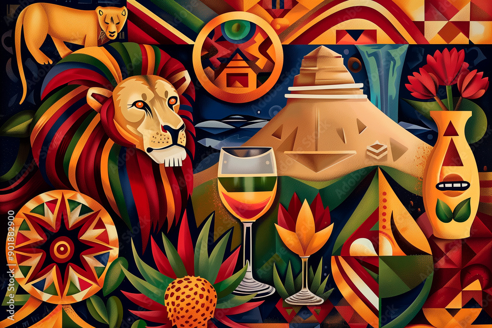 symbols representing South Africa. Include elements like a lion, Table ...
