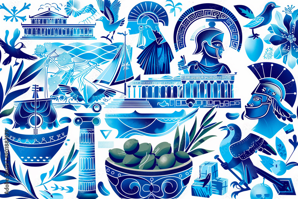 artwork featuring symbols of Greece. Include elements such as the ...