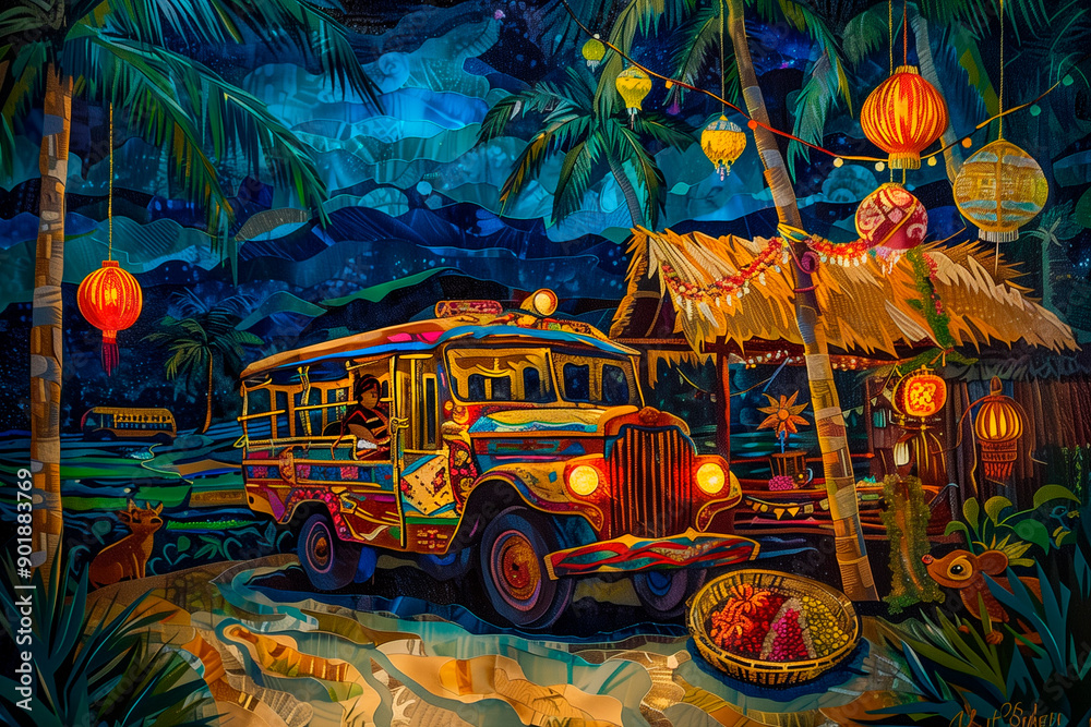 symbols of the Philippines. Include elements such as a jeepney, a ...
