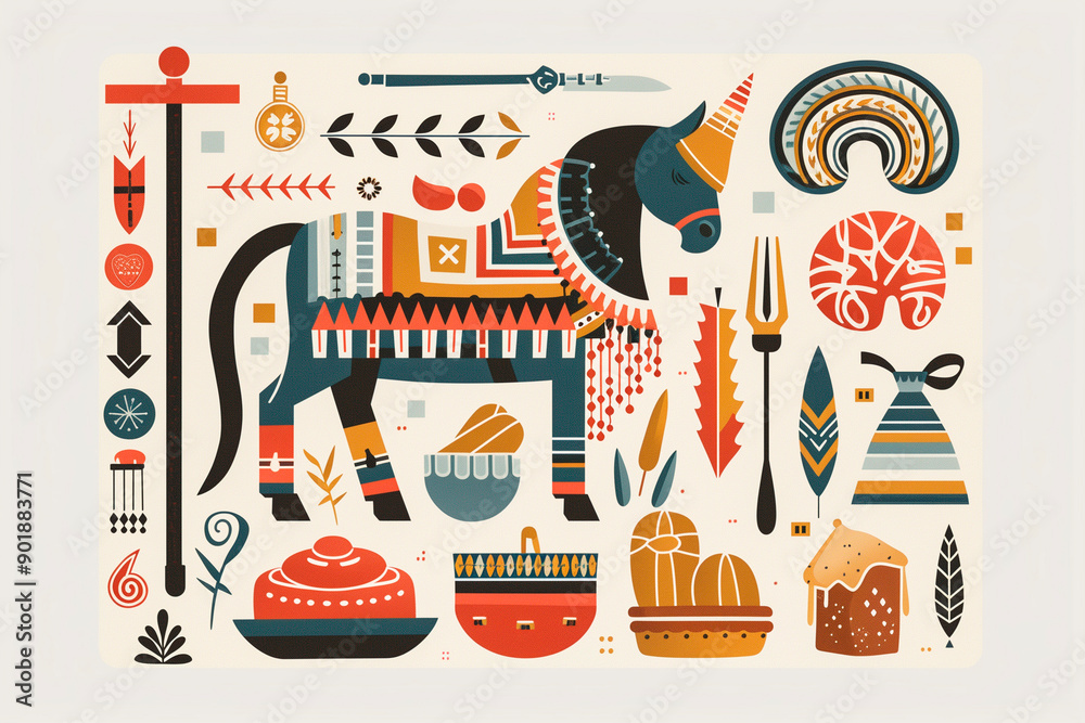 symbols of Sweden. Include elements like a Dala horse, a plate of ...