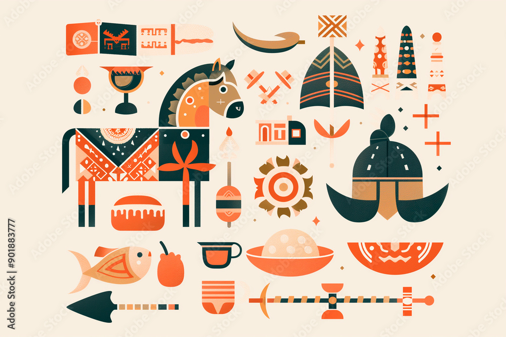 symbols of Sweden. Include elements like a Dala horse, a plate of ...