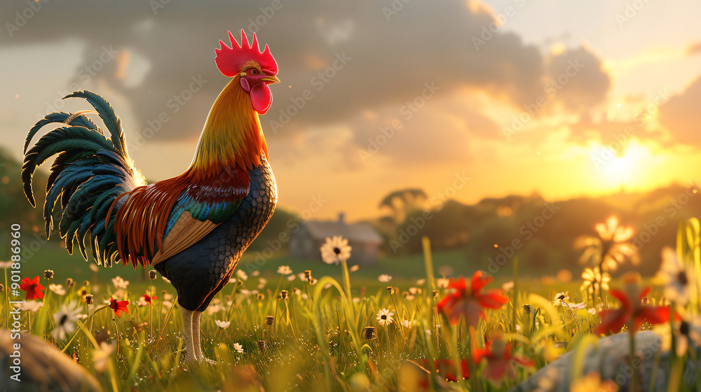 Animated Rooster Crowing at Sunrise in Charming Farm Setting with Copy ...