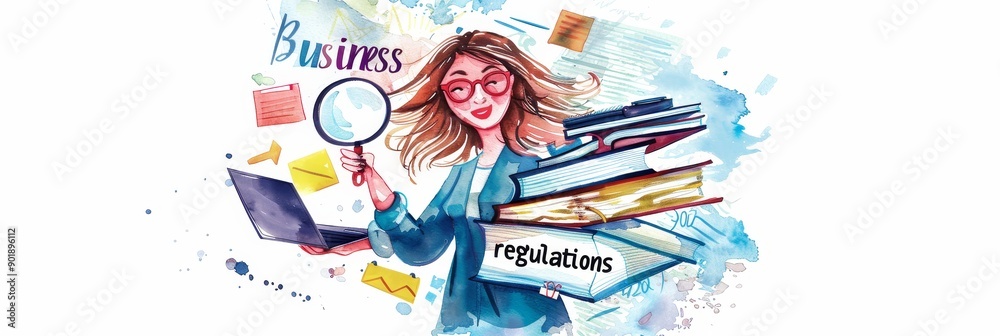 A business woman is depicted as overwhelmed by the weight of ...