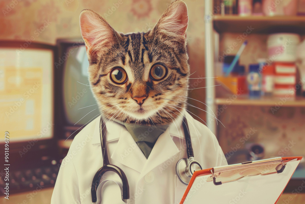 Cat dressed as a doctor with a stethoscope and clipboard in a ...